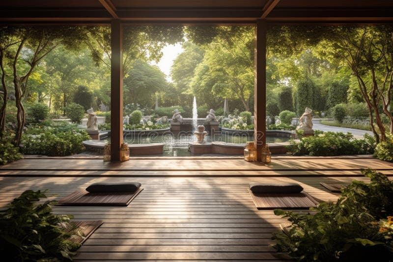 Outdoor Yoga Studio with a Peaceful Water Feature Stock Illustration ...