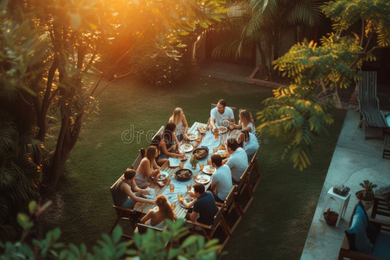 An Outdoors Family Party, High Angle View of Family and Friends Party ...