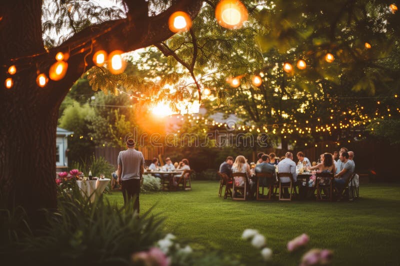 An Outdoors Family Party, High Angle View of Family and Friends Party ...