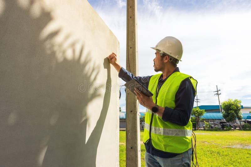 Outdoors, an Inspector Worker Checks a Building Wall with a Tablet ...