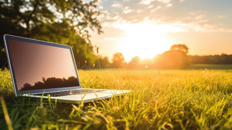 Outdoors laptop sun stock illustration. Illustration of laptop - 373619769