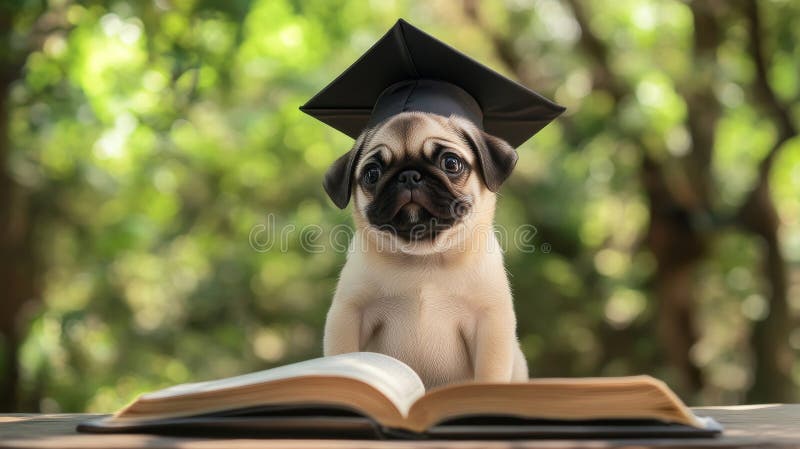 Outdoors, a Pug Reads a Book Wearing a Graduation Cap. Stock ...