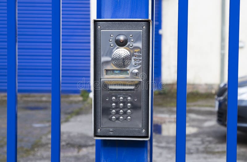 Silver Intercom Buzzer on a Blue Gate Stock Photo - Image of screen ...