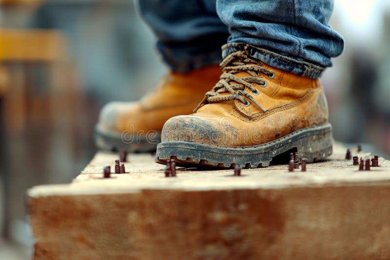 An Outdoors Worker Steps on a Nail in a Wooden Plank by Carelessness ...