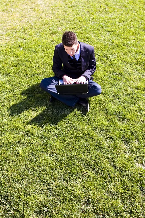 Happy Man with Computer in the Field Stock Image - Image of laptop ...
