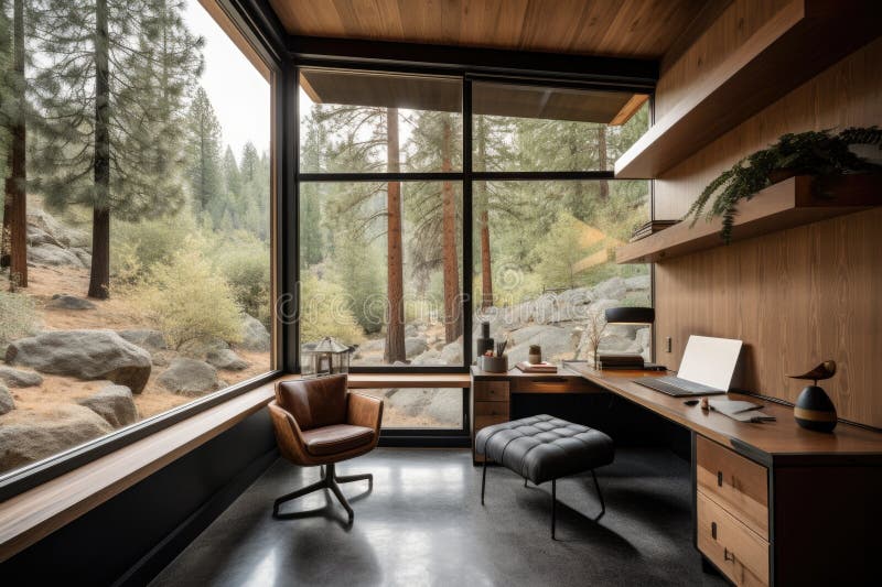 Outdoorsy Home Office with View of Mountains and Forest Stock Photo ...