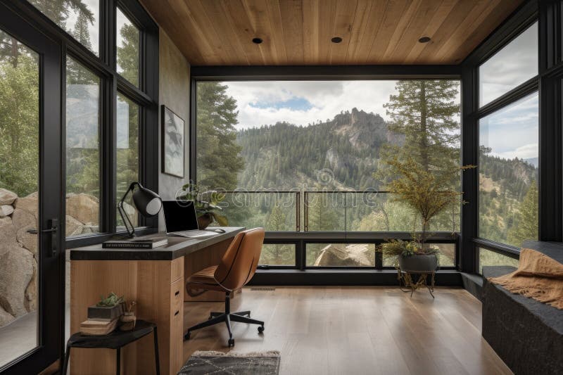 Outdoorsy Home Office with View of Mountains and Forest Stock Image ...