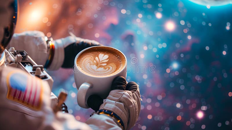 In Outer Space, an Astronaut Grasps a Cup Filled with Cosmic Coffee ...