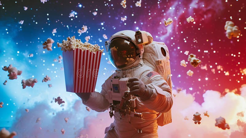 In Outer Space, an Astronaut Wearing a Spacesuit Holds a Box of Popcorn ...