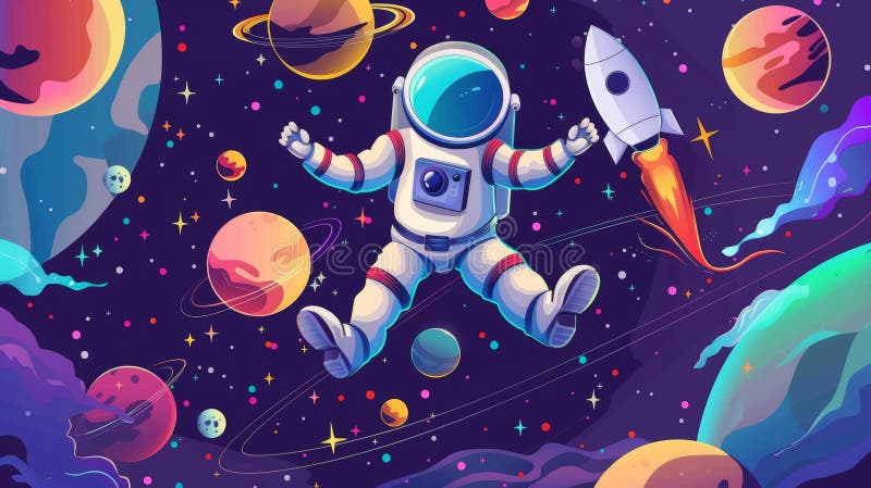 In Outer Space, a Cartoon Astronaut Exploring the Solar System with a ...