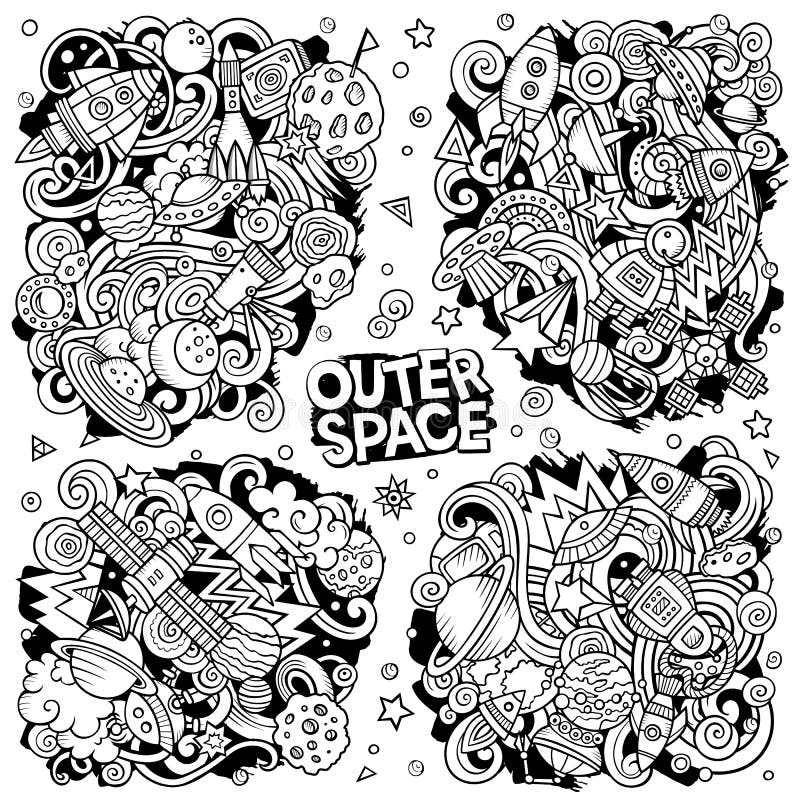 Outer Space Cartoon Vector Doodle Designs Set. Stock Vector ...