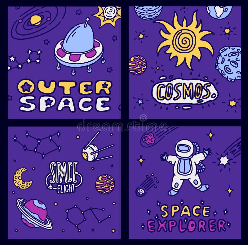 Outer Space Doodle Vector Set. Illustration for Kids. Planets and ...