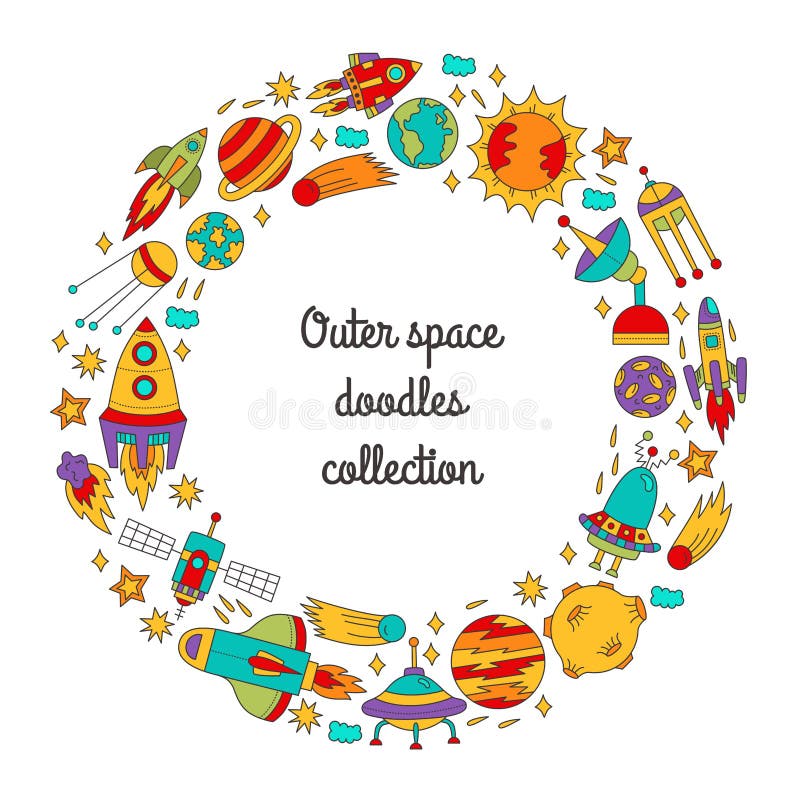 Space Doodles Icons Set. Hand Drawn Sketch with Solar System, Planets ...