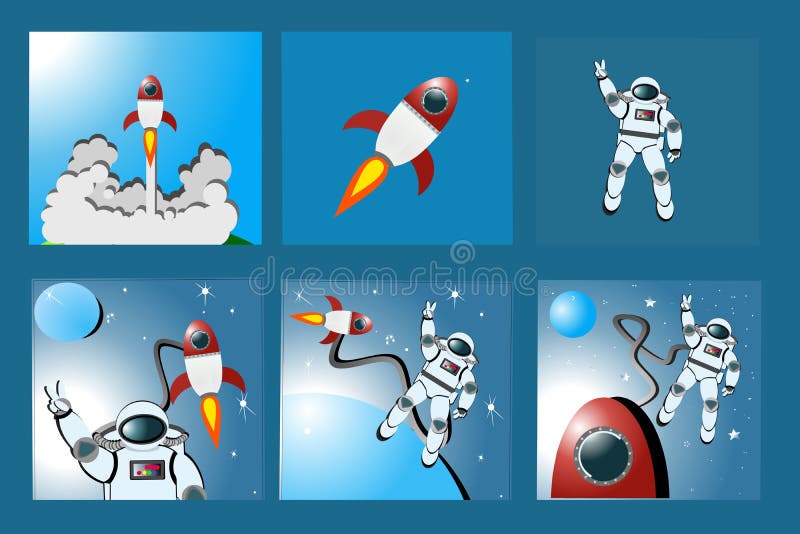 Outer Space Exploration. a Series Image of Rocket, Astronaut and Blue ...