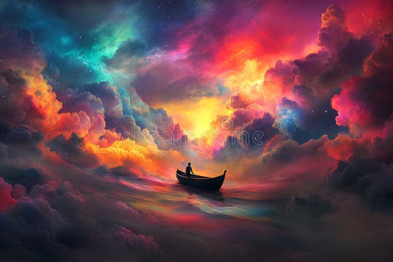 Outer Space Illustration with a Man Riding a Boat among Colorful Clouds ...