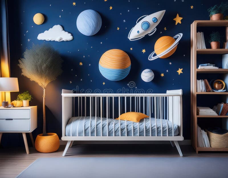 Outer Space Nursery with Planet Decals on Dark Blue Walls, Soft Night ...
