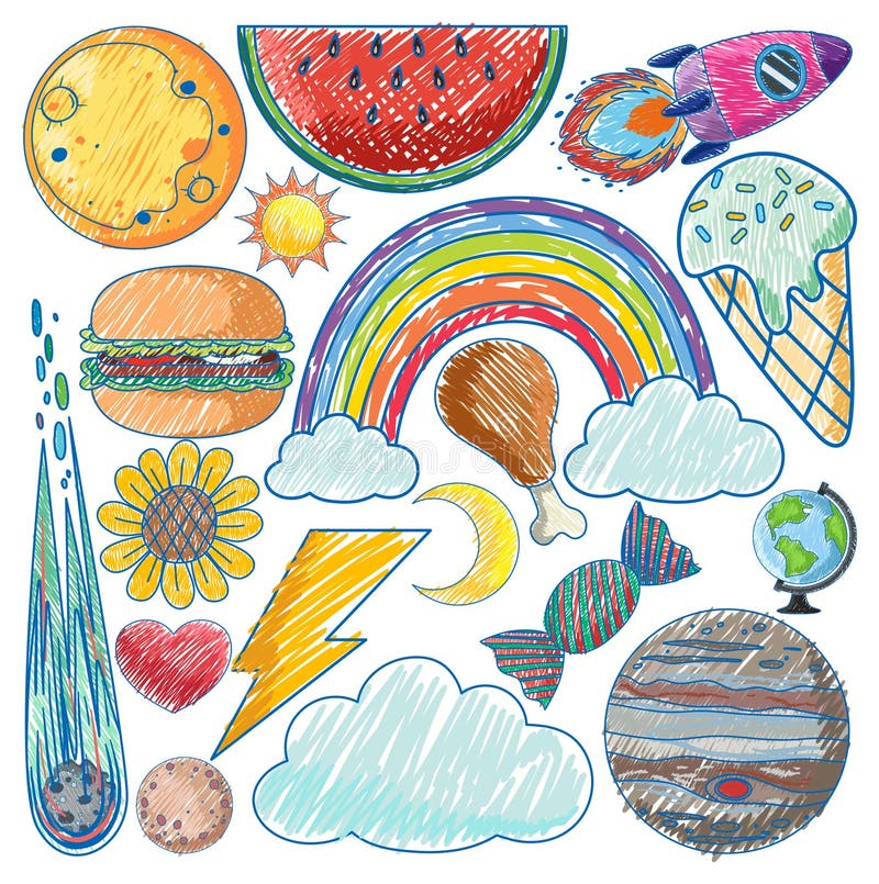 Outer Space Objects in Pencil Colour Sketch Simple Style Stock Vector ...