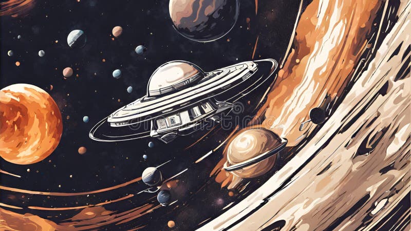 Outer Space with Planets, Stars, and Galaxies. a Spacecraft Hovers in ...