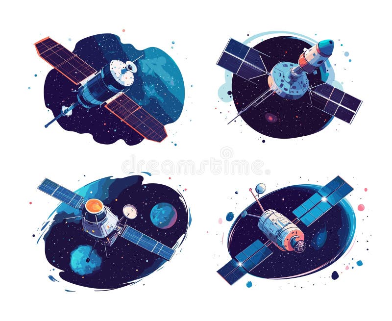 Outer Space Satellite Cartoon Vector Set. Orbit Solar Panels Flying ...