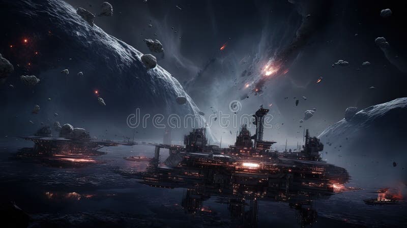 An Outer Space Station is Shown from a Distance with Multiple Objects ...