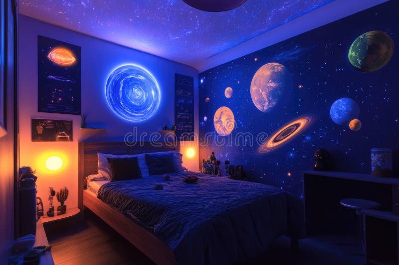 An Outer Space Themed Room with Glowing Planets and Galactic Posters ...