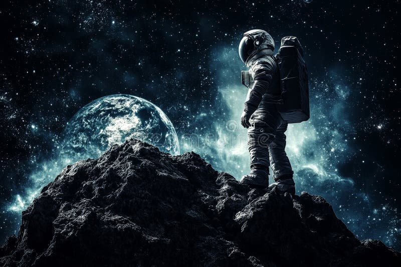 Outer Space View with an Astronaut and Earth Visible Stock Photo ...