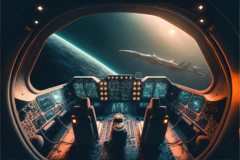 Outer View of Cockpit Spaceship Window with Control System Room. Stock ...