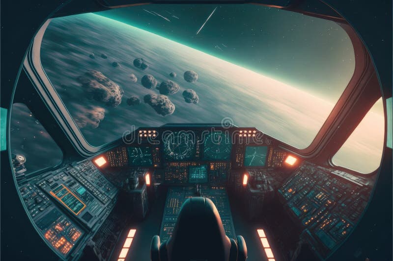 Outer View of Cockpit Spaceship Window with Control System Room. Stock ...