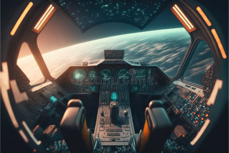 Outer View of Cockpit Spaceship Window with Control System Room. Stock ...