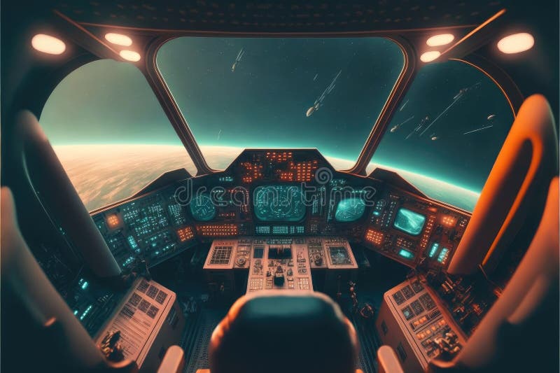 Outer View of Cockpit Spaceship Window with Control System Room. Stock ...