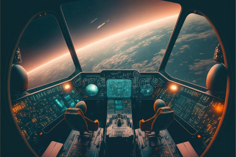 Outer View of Cockpit Spaceship Window with Control System Room. Stock ...