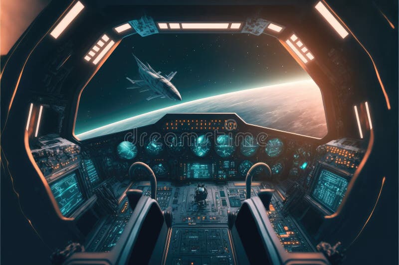 Outer View of Cockpit Spaceship Window with Control System Room. Stock ...