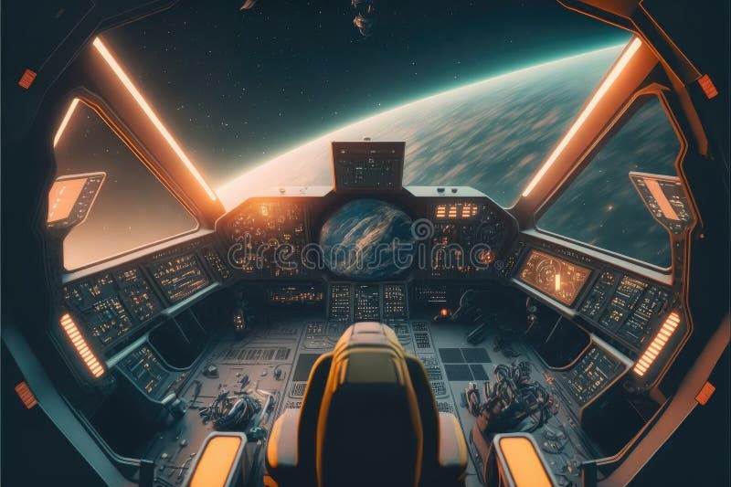 Outer View of Cockpit Spaceship Window with Control System Room. Stock ...