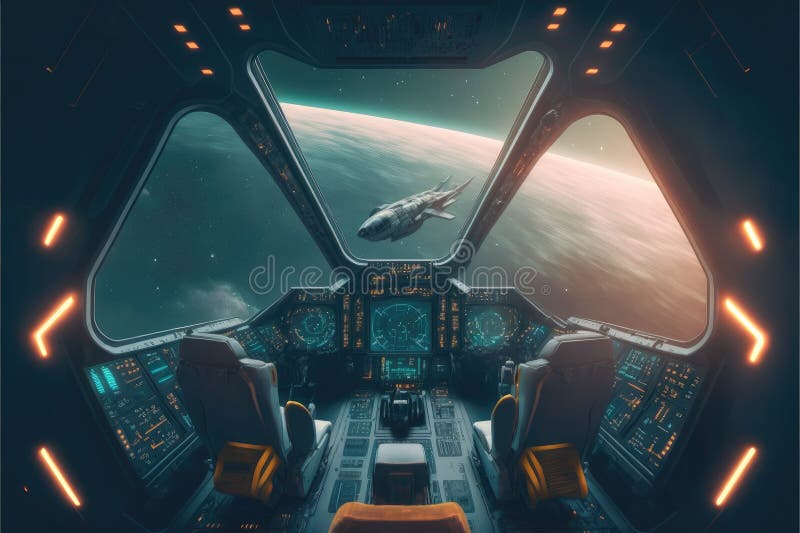 Outer View of Cockpit Spaceship Window with Control System Room. Stock ...