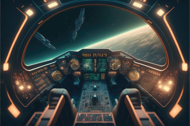 Outer View of Cockpit Spaceship Window with Control System Room. Stock ...