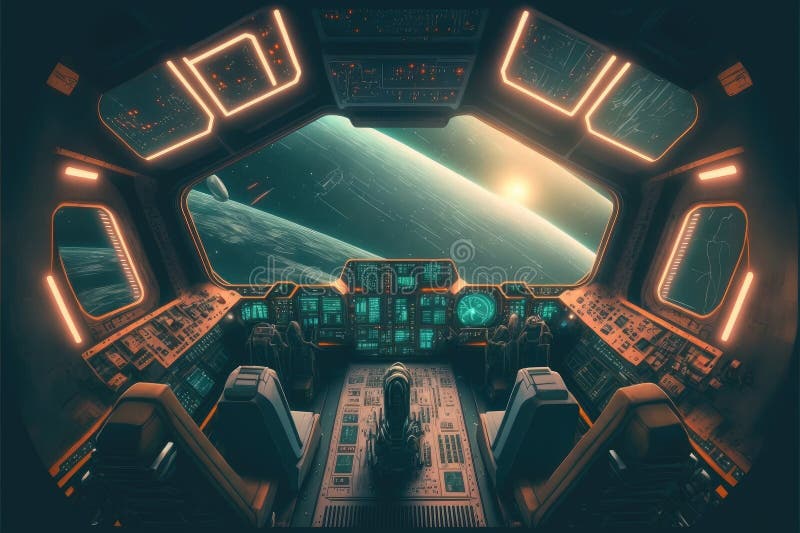 Outer View of Cockpit Spaceship Window with Control System Room. Stock ...