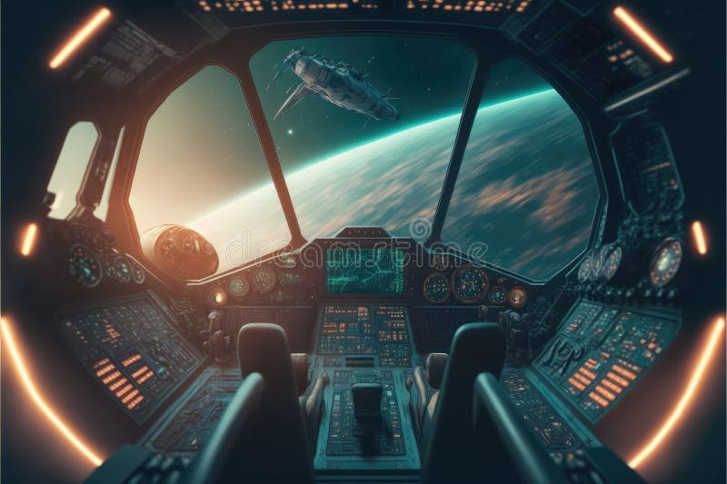 Outer View of Cockpit Spaceship Window with Control System Room. Stock ...