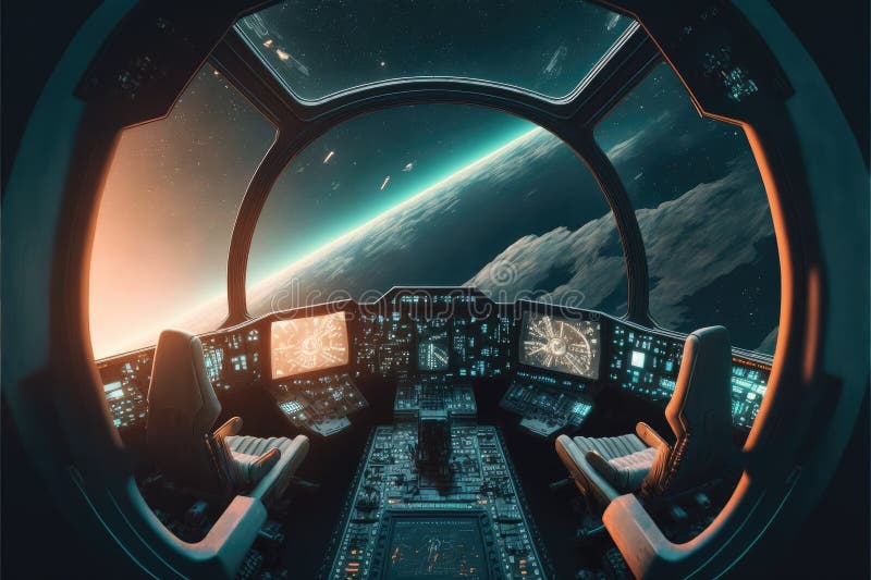 Outer View of Cockpit Spaceship Window with Control System Room. Stock ...