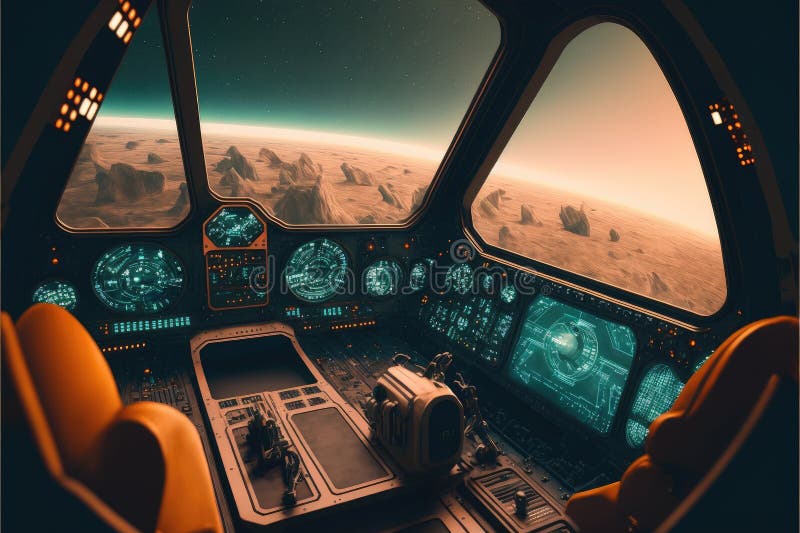 Outer View of Cockpit Spaceship Window with Control System Room. Stock ...