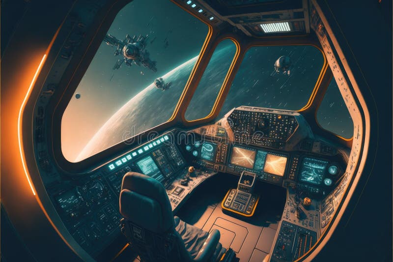 Outer View of Cockpit Spaceship Window with Control System Room. Stock ...