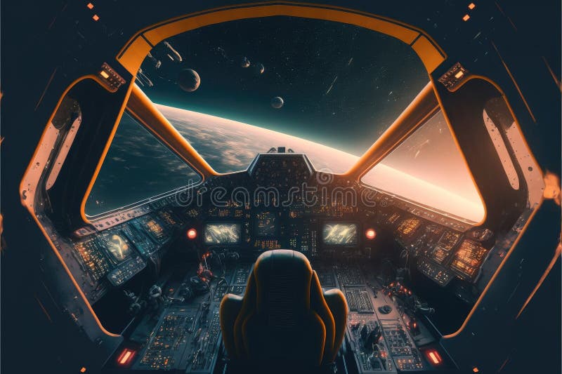 Outer View of Cockpit Spaceship Window with Control System Room. Stock ...