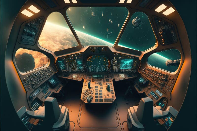 Outer View of Cockpit Spaceship Window with Control System Room. Stock ...