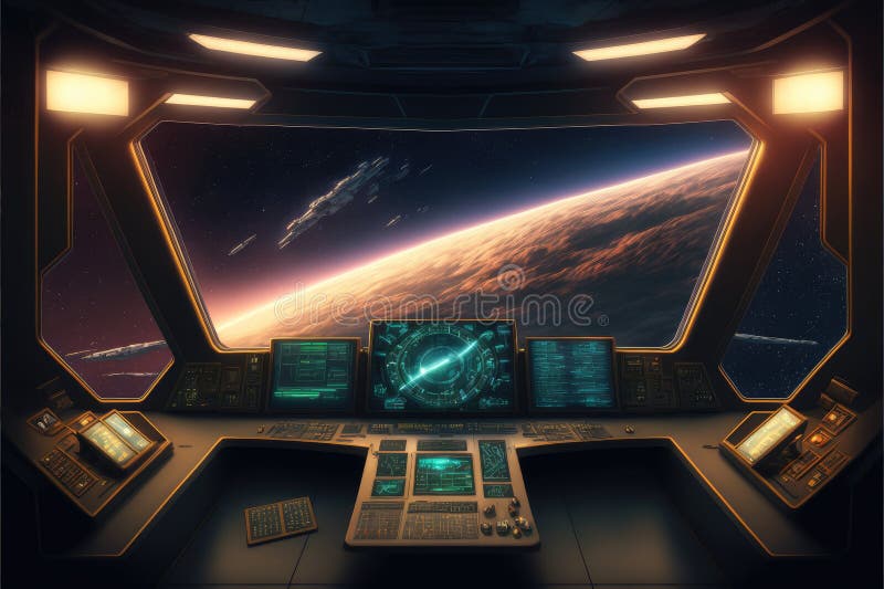 Outer View of Spaceship Window with Control System Room. Stock ...