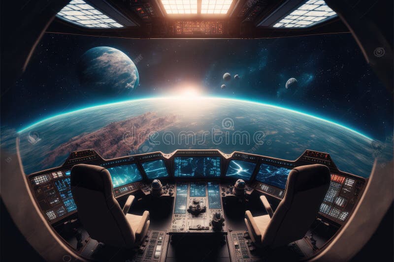 Outer View of Spaceship Window with Control System Room. Stock ...