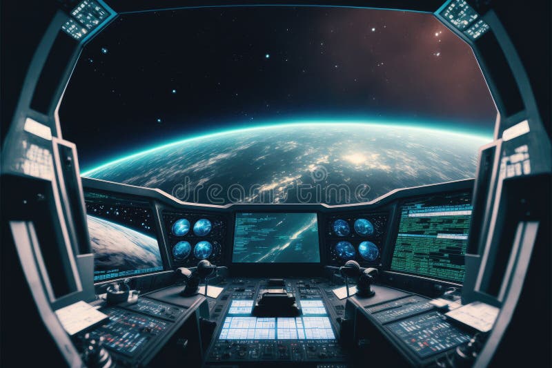 Outer View of Spaceship Window with Control System Room. Stock ...