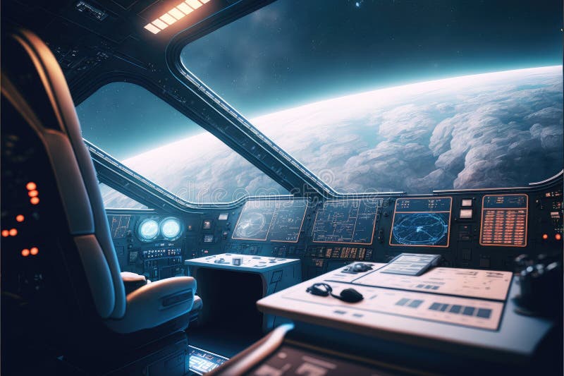 Outer View of Spaceship Window with Control System Room. Stock ...