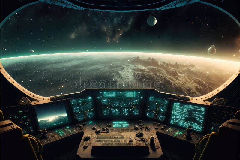 Outer View of Spaceship Window with Control System Room. Stock ...