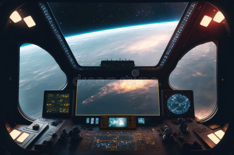 Outer View of Cockpit Spaceship Window with Control System Room. Stock ...