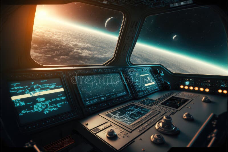 Outer View of Cockpit Spaceship Window with Control System Room. Stock ...