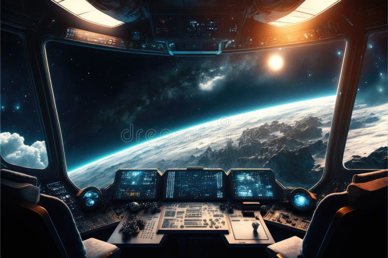 Outer View of Spaceship Window with Control System Room. Stock ...